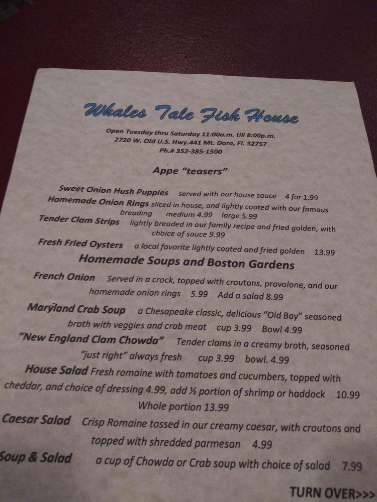 Menu at Whale's Tale Fish House restaurant, Mount Dora