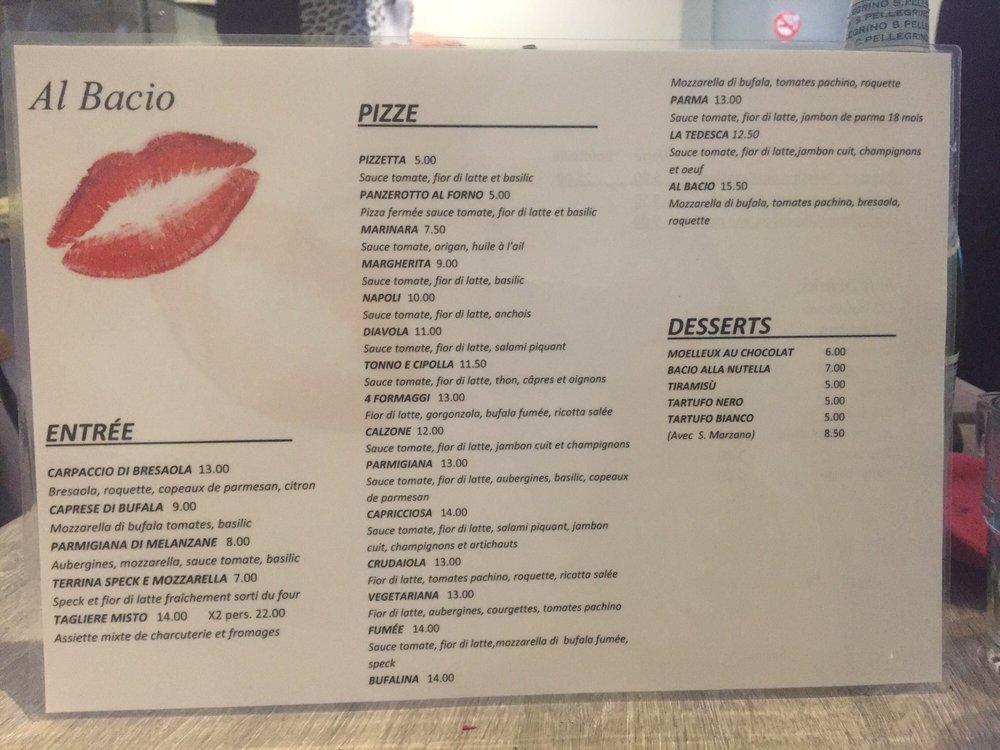 Menu at Al Bacio Ixelles, Brussels