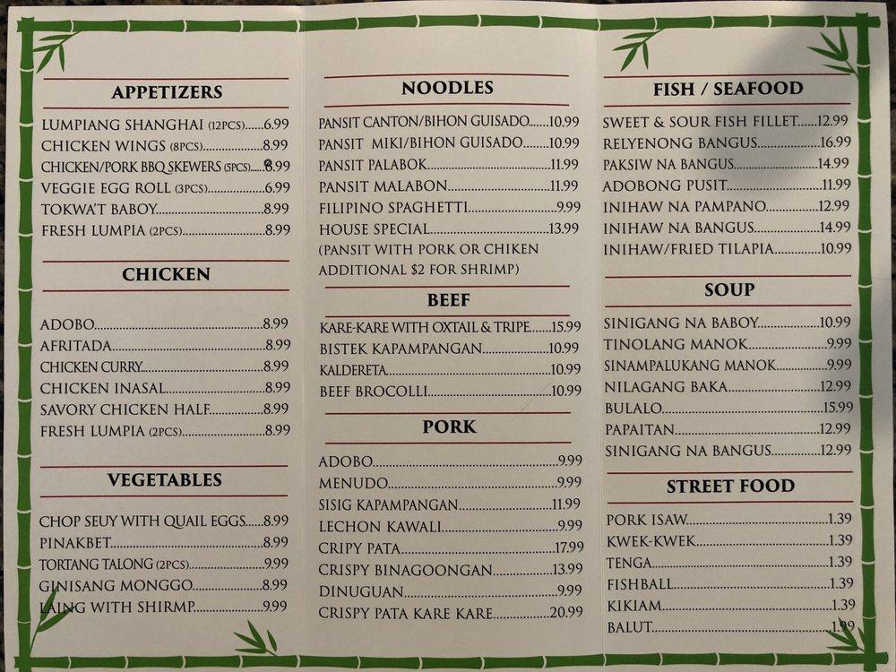 Menu at Cafe de Manila, Las Vegas