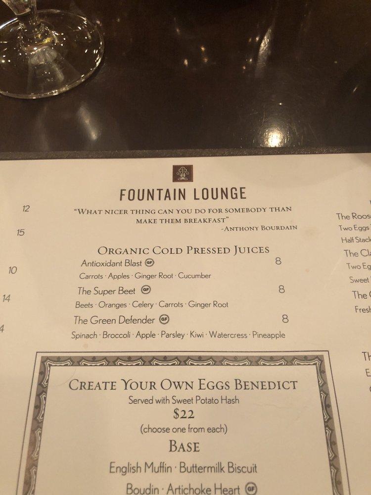 Menu at Fountain Lounge restaurant, New Orleans