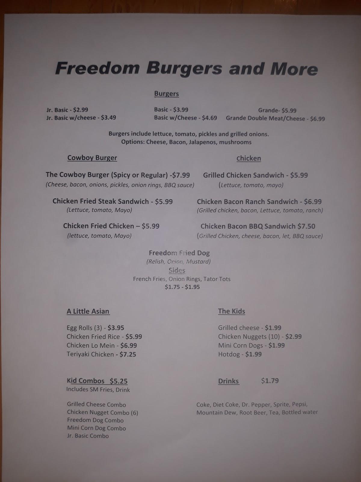 Menu at Freedom burgers & more restaurant, Sanctuary