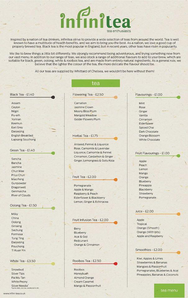 Menu at Infinitea, Huddersfield