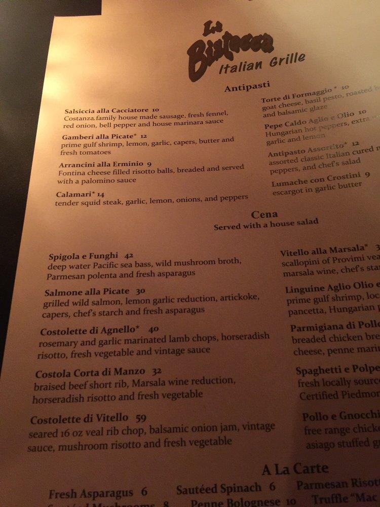 Menu at La Bistecca Italian Grille steakhouse, Plymouth