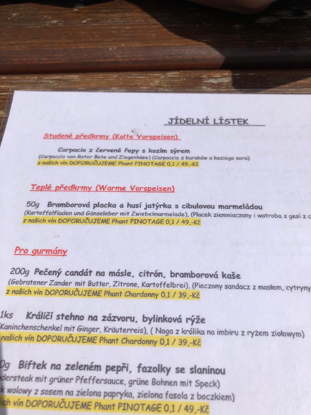 Menu at Moravská Bouda restaurant, Špindlerův Mlýn