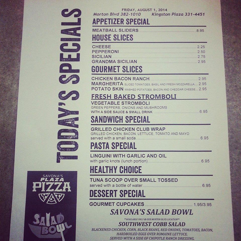 Menu at Savona's Plaza Pizza pizzeria, Kingston, Morton Blvd