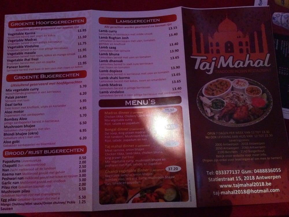 Menu at Taj Mahal Indian Restaurant Antwerpen, Antwerp, Statiestraat 15