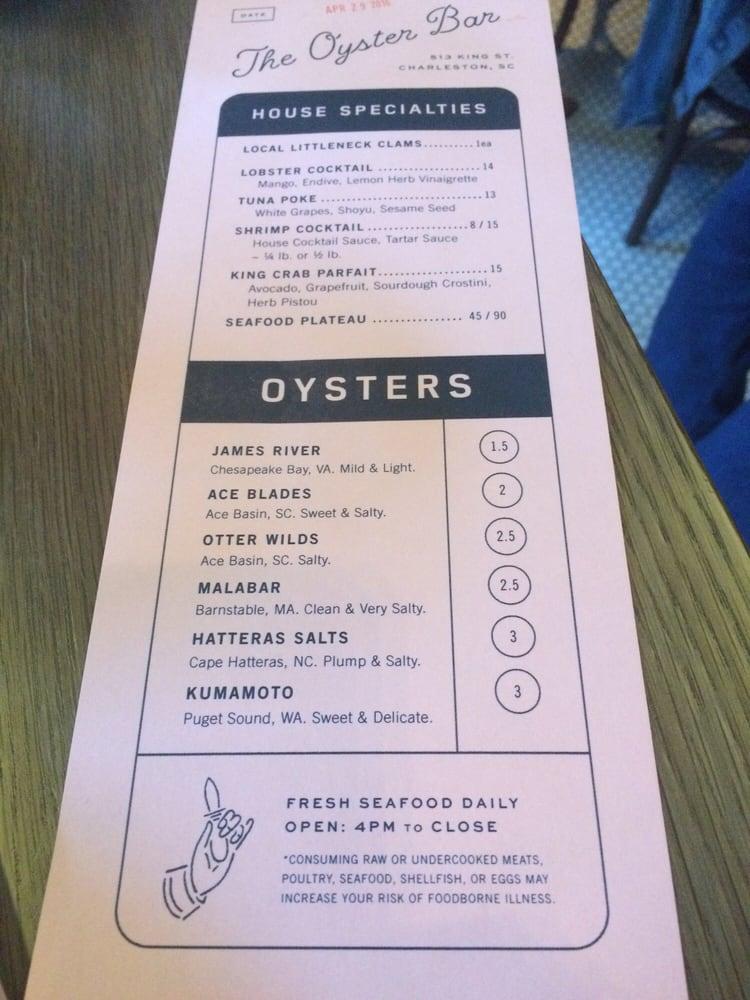 Menu at The Darling Oyster Bar, Charleston