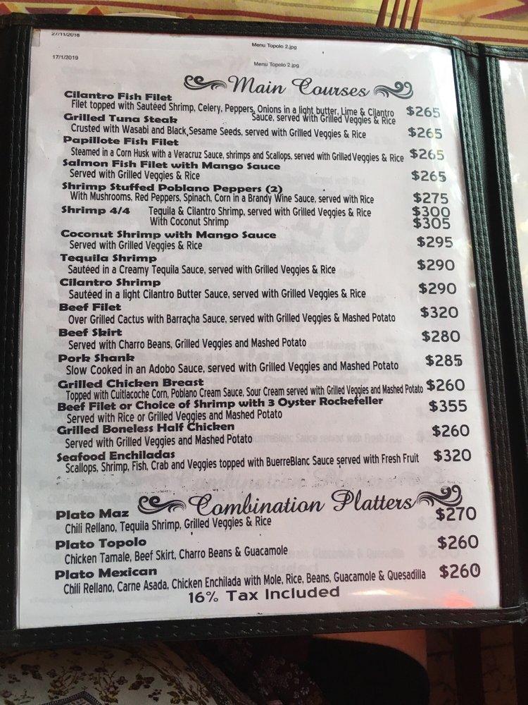 Menu at Topolo restaurant, Mazatlán