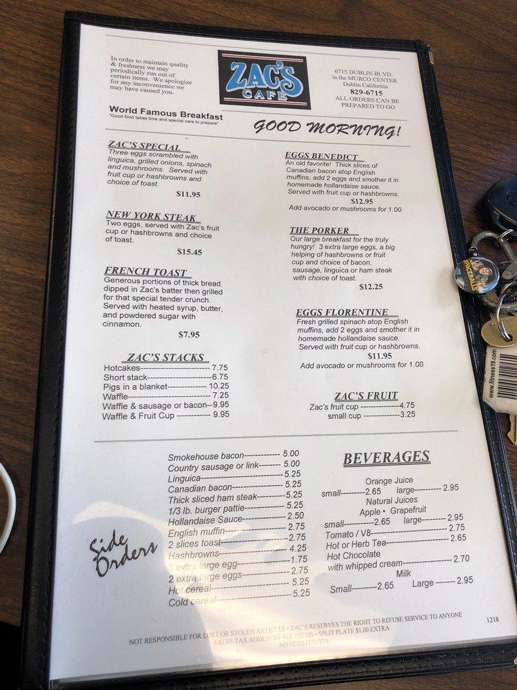Menu at Zac's Cafe, Dublin