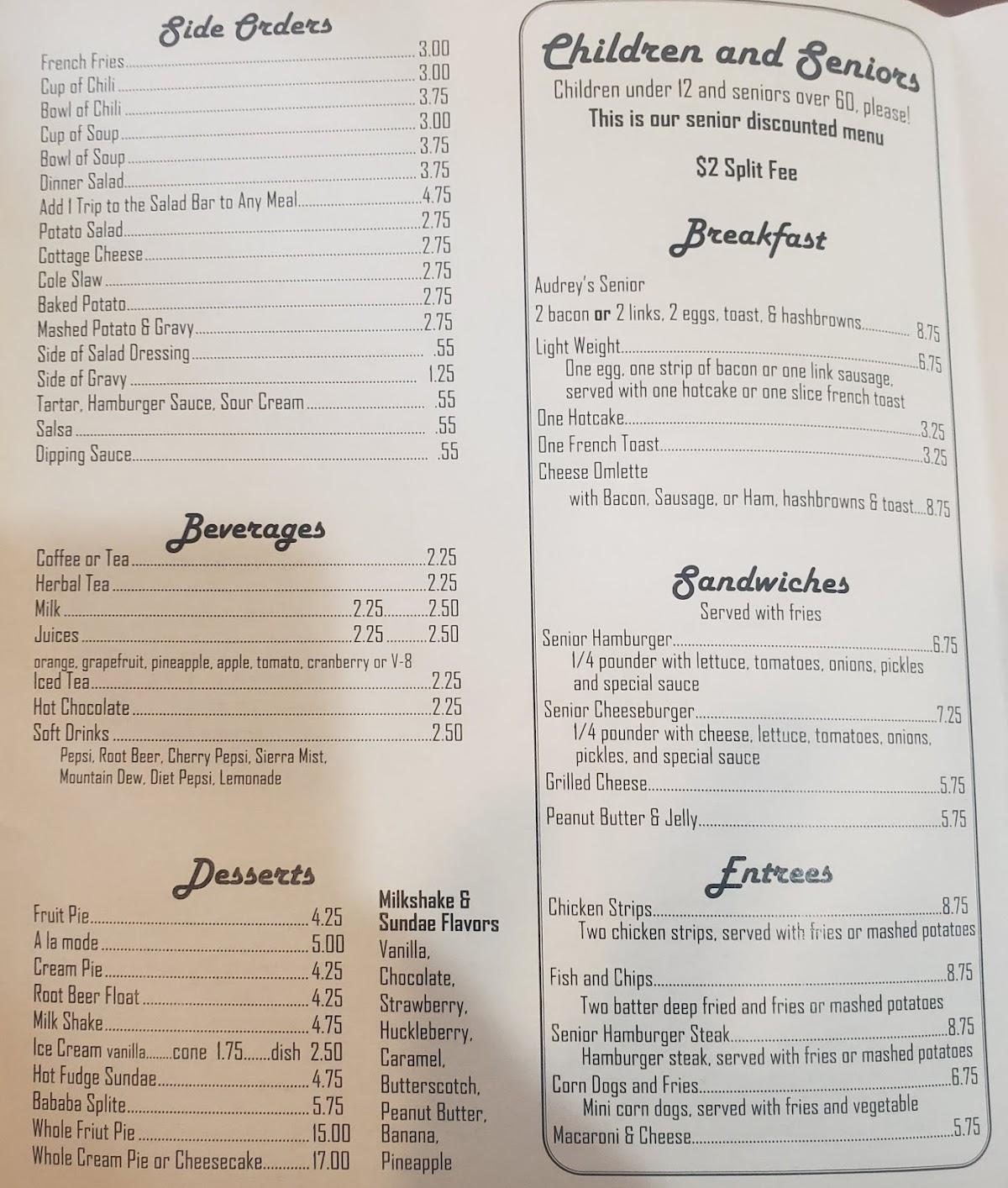 Menu at Audrey's Restaurant, Newport, U.S. Rte 2