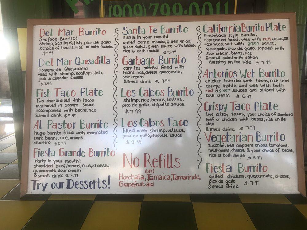 Menu at Cha-Cha's Tacos restaurant, Redlands