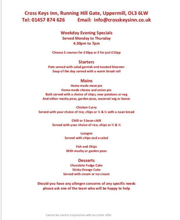 Menu at Cross Keys Inn pub & bar, Delph