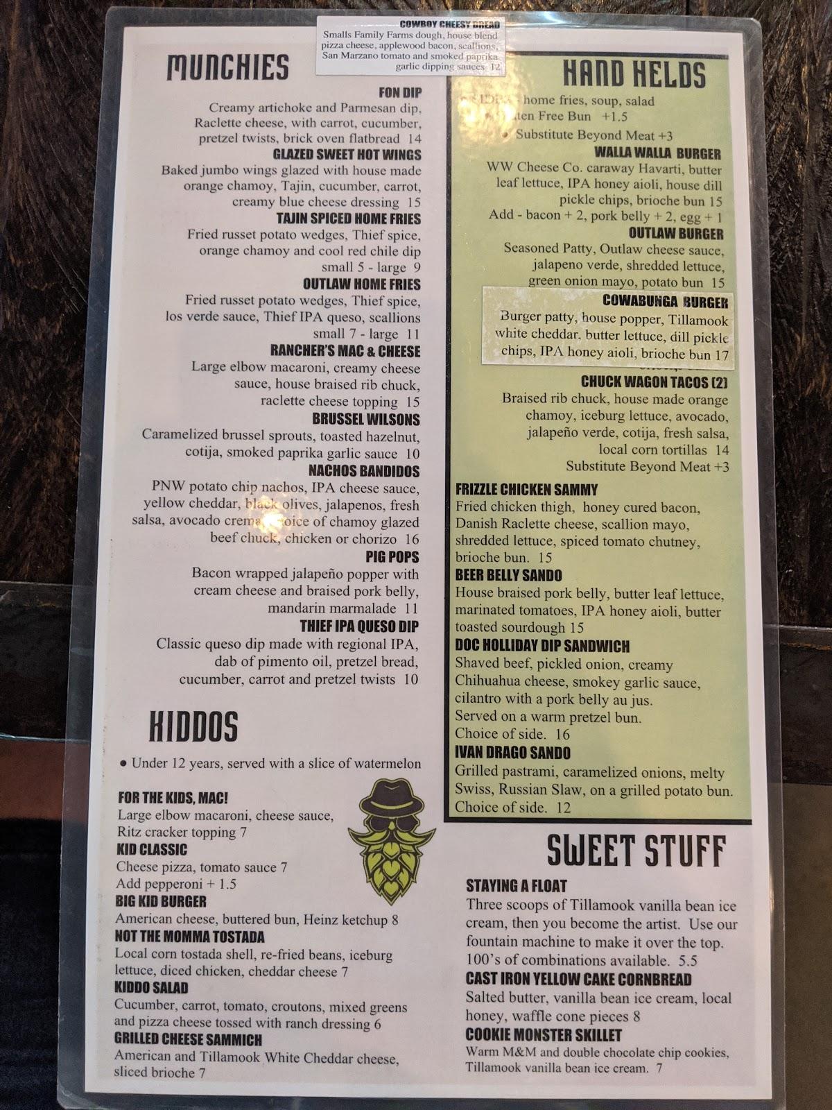 Menu at Hop Thief Taphouse and Kitchen pub & bar, College Place