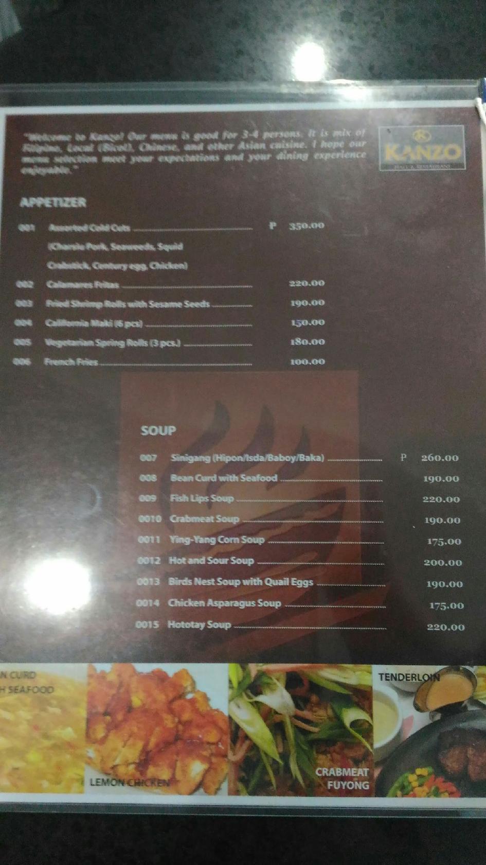 Menu at KANZO HALL & RESTAURANT, Legazpi City