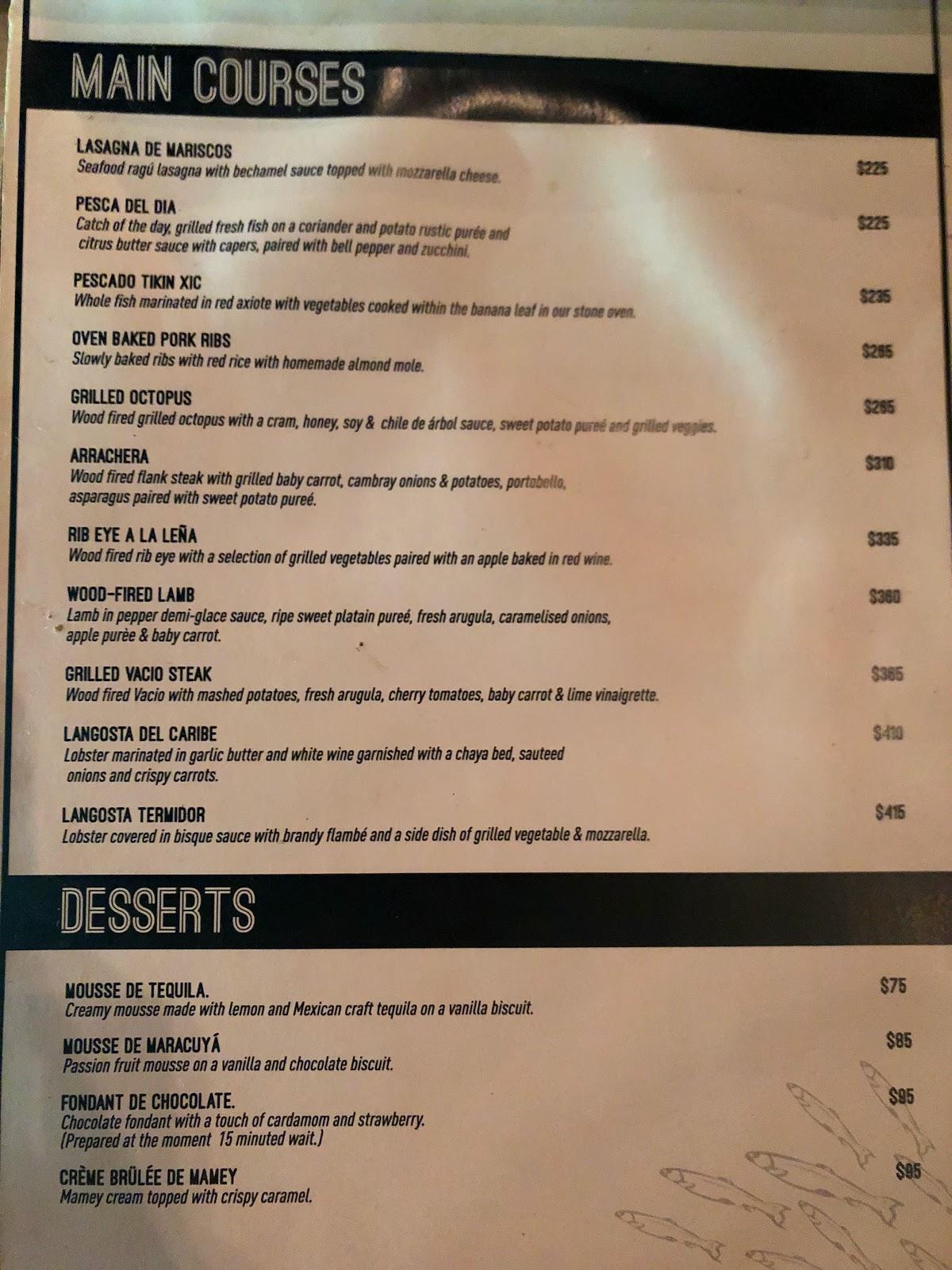 Menu at Kay Nah restaurant, Tulum