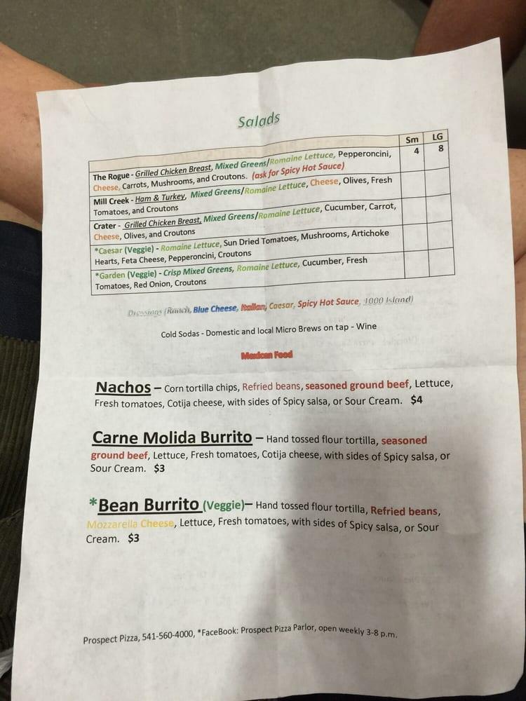 Menu at Prospect Pizza Company pub & bar, Prospect