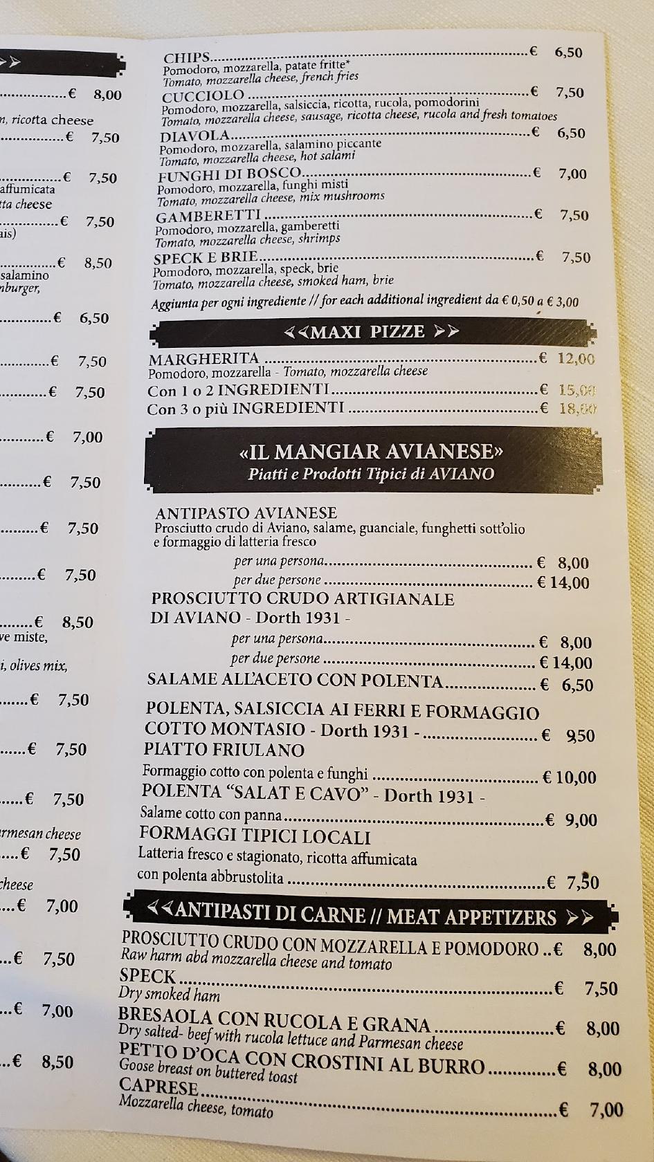 Menu at Ristorante Pizzeria San Giorgio, Aviano