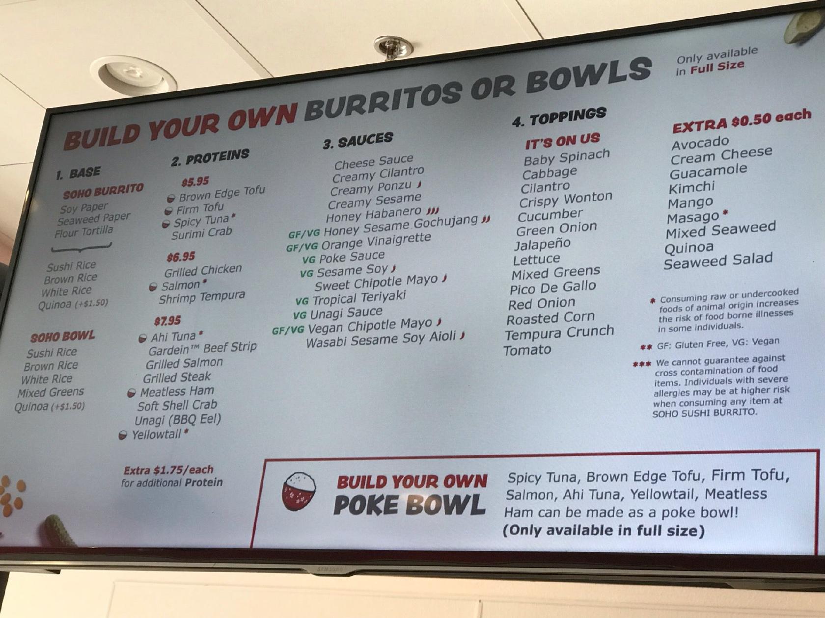 Menu at SOHO Sushi Burrito fast food, Las Vegas, Badura Ave