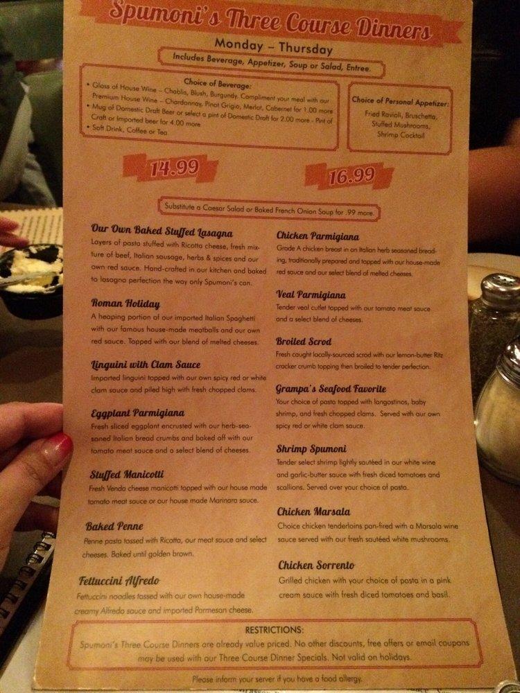 Menu at Spumoni's restaurant, Pawtucket