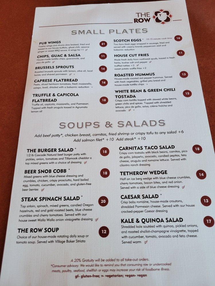 Menu at The Row restaurant, Bend