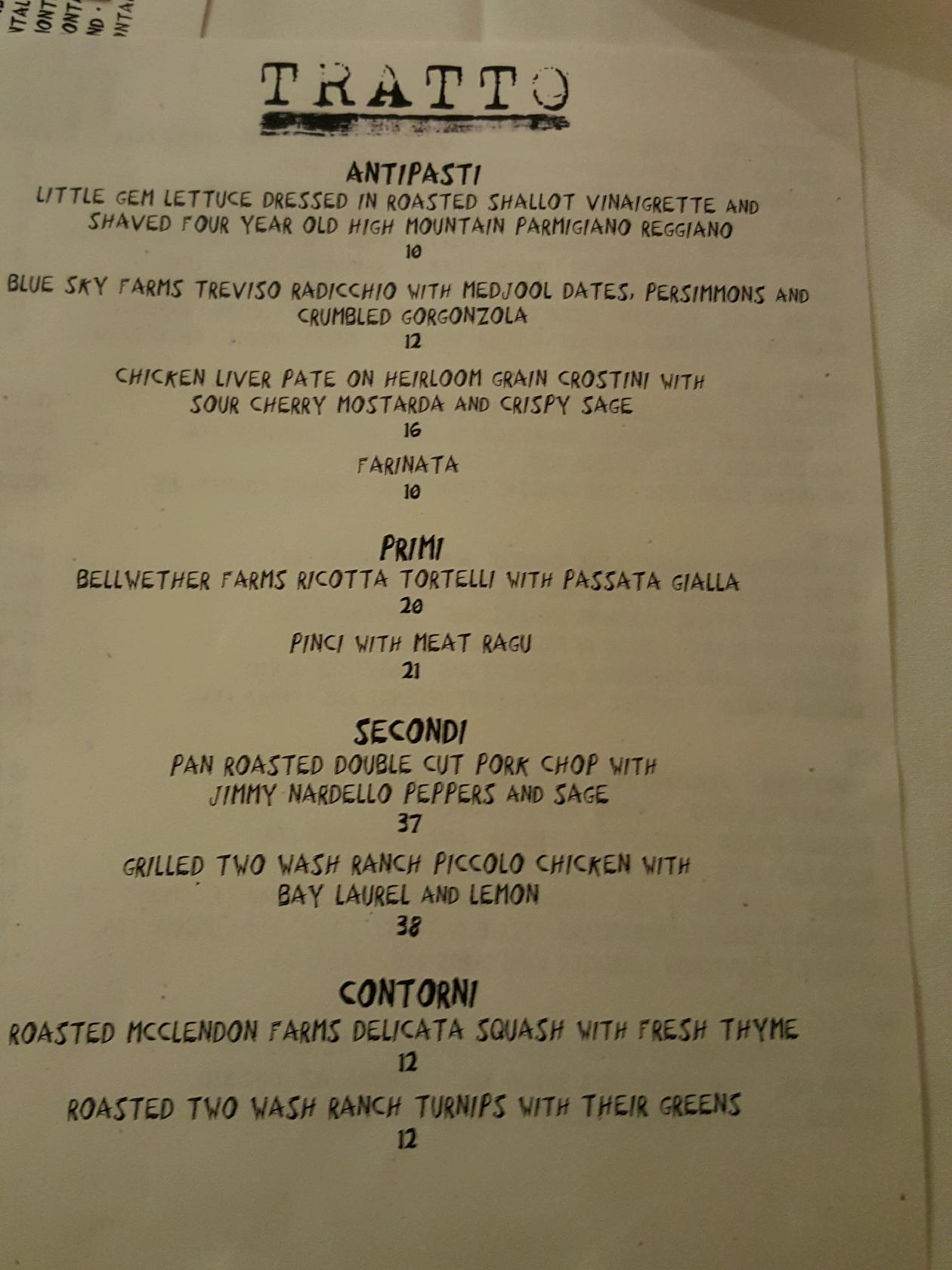 Menu at Tratto pub & bar, Phoenix, E Van Buren St