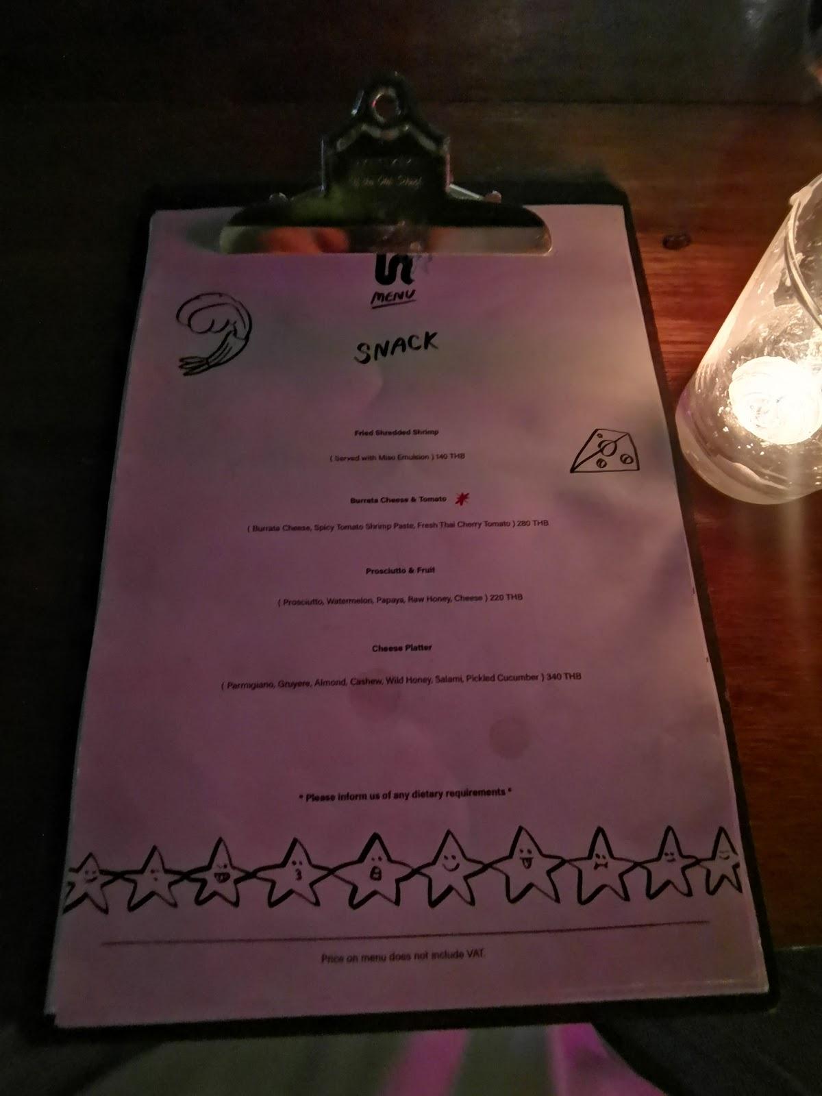Menu at Yard Bar, Bangkok
