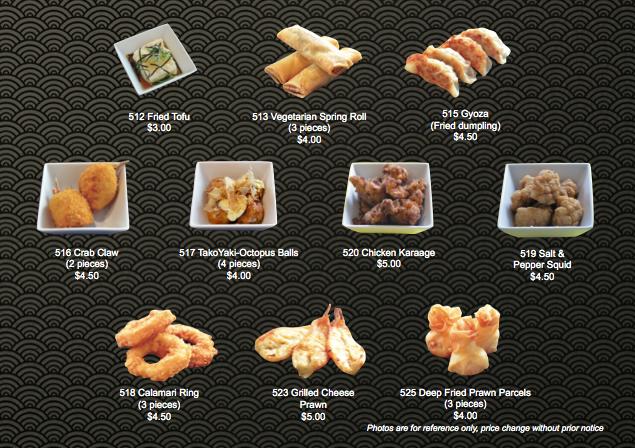 Menu at Yatai Sushi restaurant, Cannonvale