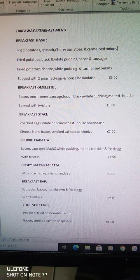 Menu at Cafe Vega, Cobh, 6 Casement Square