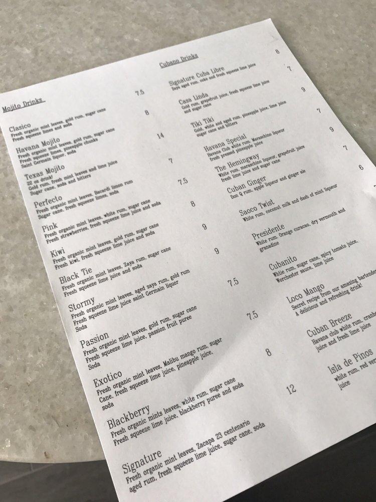 Menu at Havana Cafe-Mojito Bar, Dallas