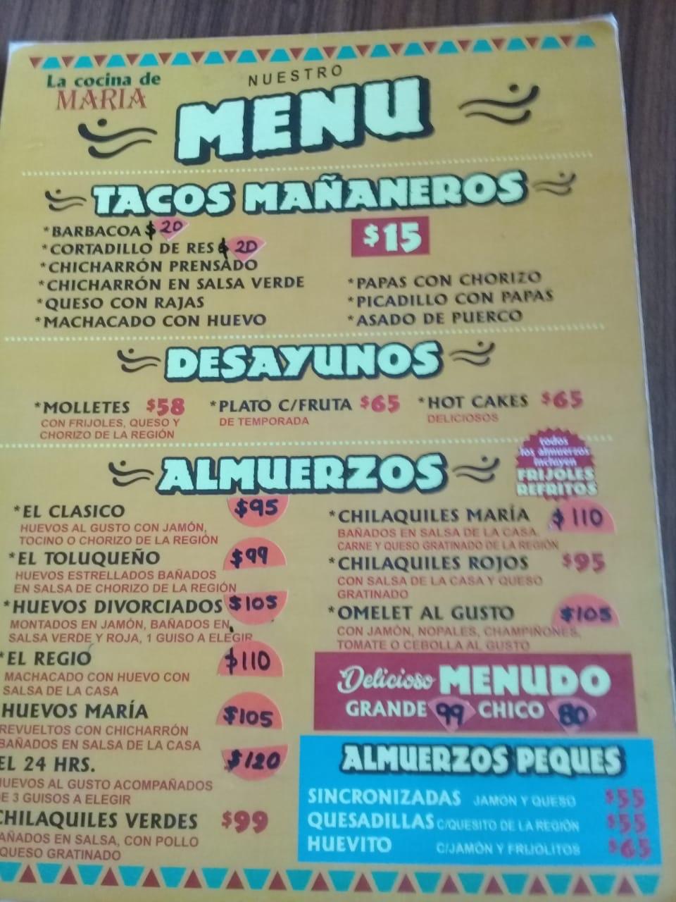 Carta del restaurante La Cocina De María, Monclova