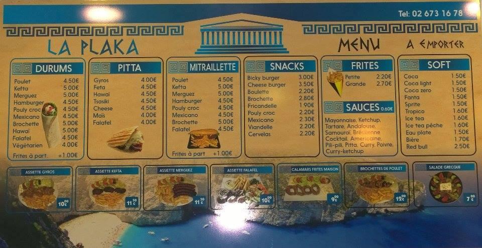 Menu at La Plaka, Watermael-Boitsfort