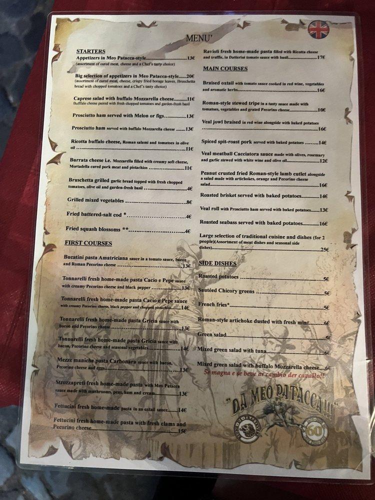 Menu at Ristorante Da Meo Patacca, Rome