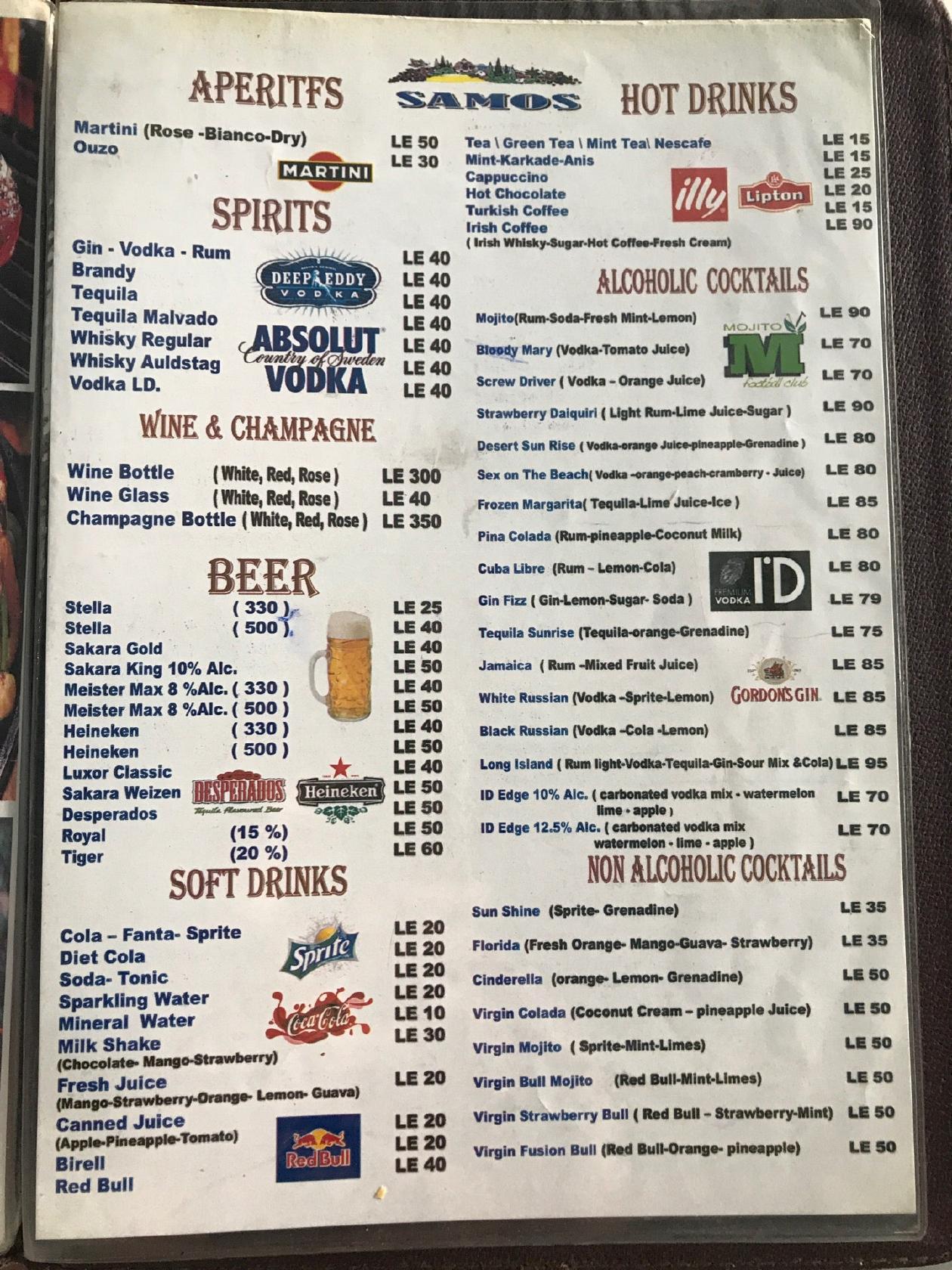 Menu at samos restaurant, Hurghada