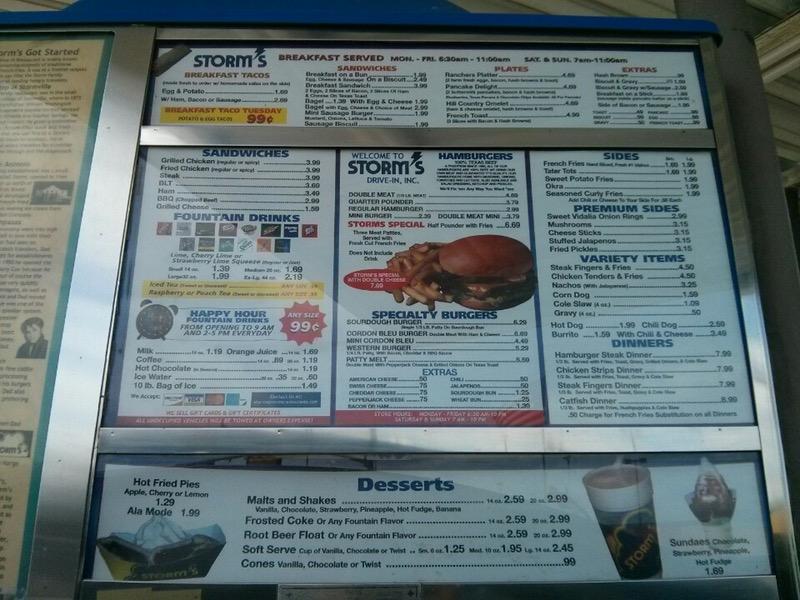 Menu at Storm's Drive-in Burnet restaurant, Burnet