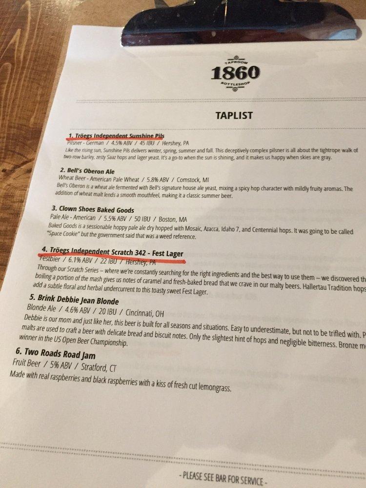 Menu at 1860 Taproom & Bottleshop pub & bar, Harrison