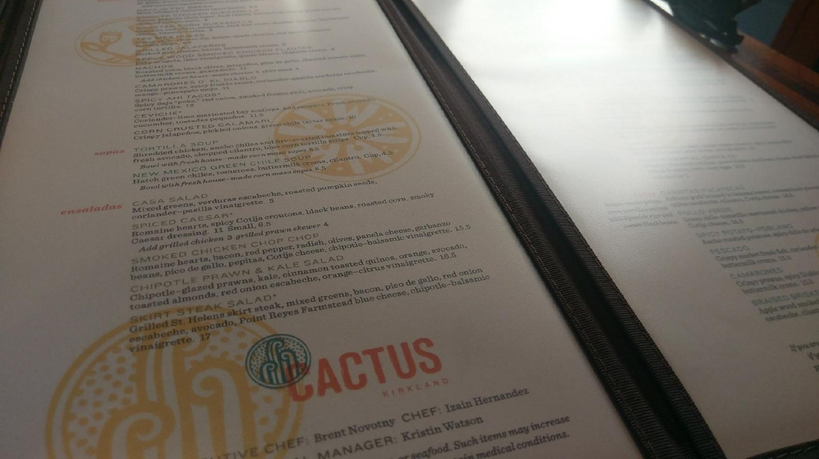Menu at Cactus Kirkland restaurant, Kirkland, 121 Park Ln