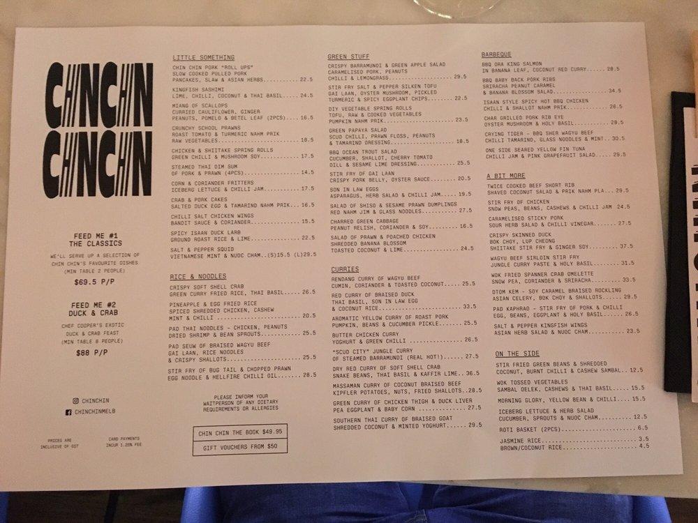 Menu at Chin Chin restaurant, Melbourne