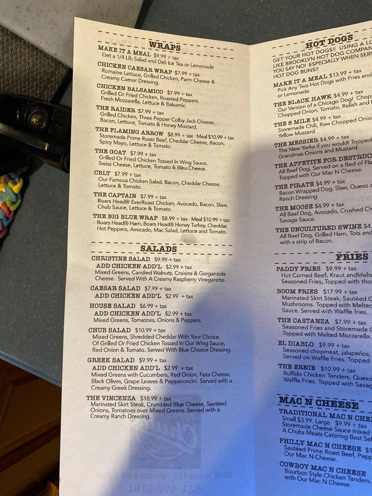 Menu at Chubs Burgers Burritos and Heroes restaurant, Farmingville