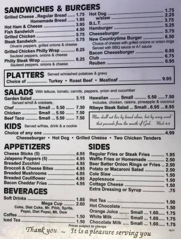 Menu at Countrytime Cooking restaurant, Buckhannon