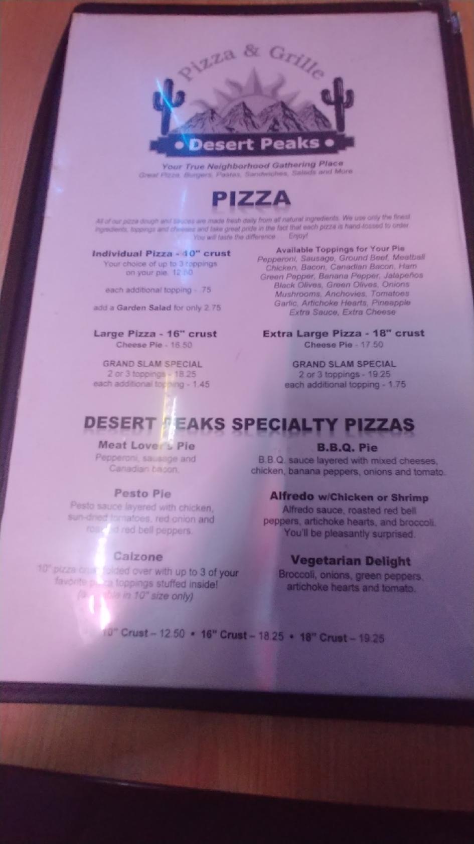 Menu at Desert Peaks Pizza & Grille pub & bar, Mesa