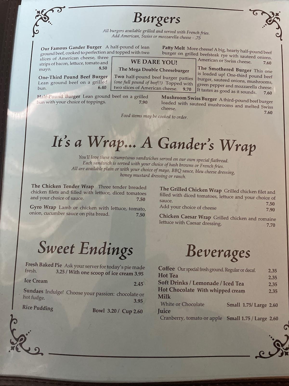 Menu at Gander's Family Restaurant, Luna Pier