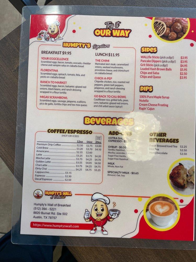 Menu at Humpty's Wall of Breakfast restaurant, Austin