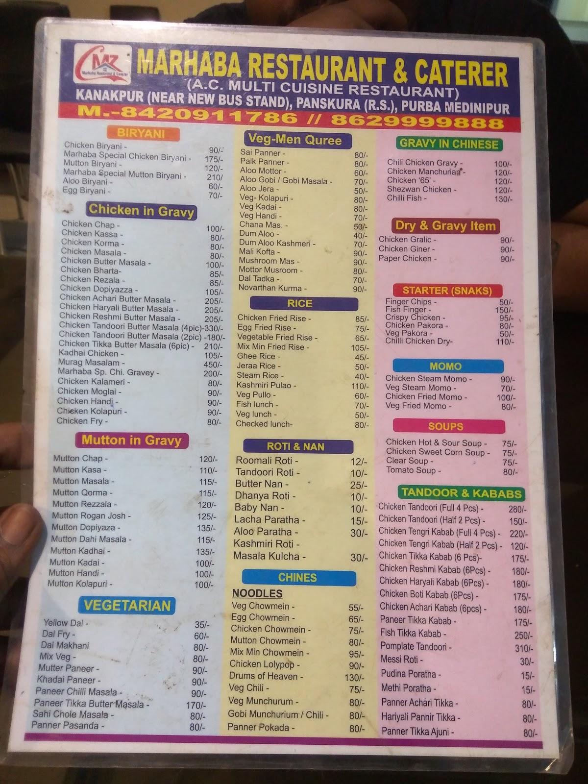 Menu at Marhaba Restaurant, Panskura, Panskura