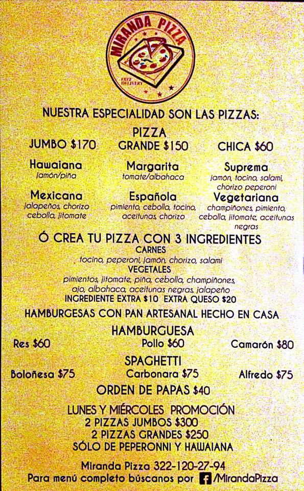 Menu at Miranda pizza restaurant, Sayulita
