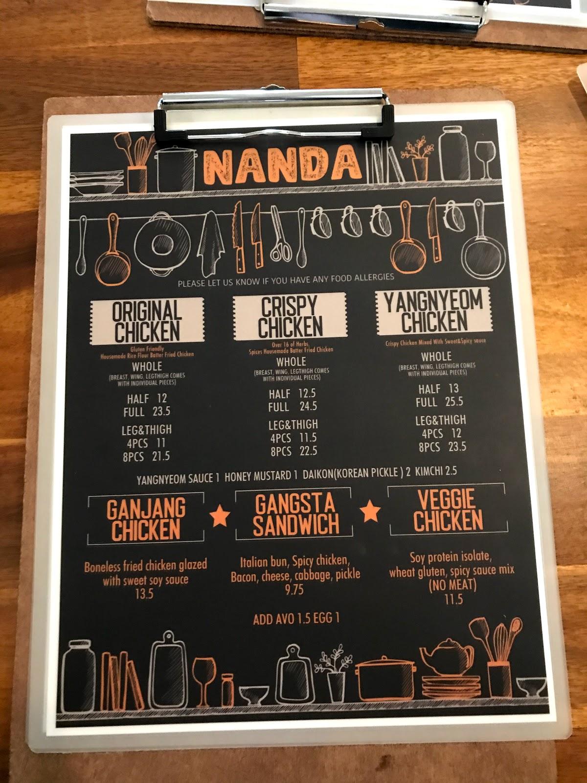 Carta del restaurante Nanda Chicken, Nanaimo