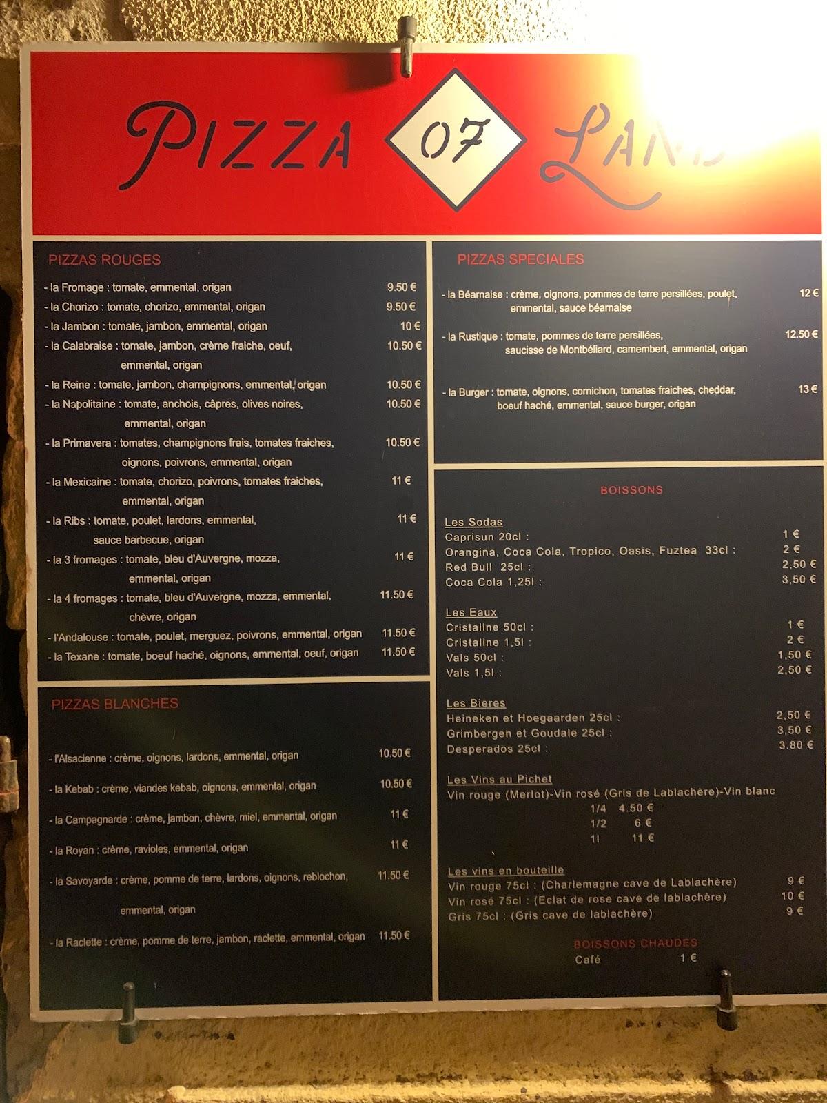 Menu au Pizzaland pizzeria, Les Vans