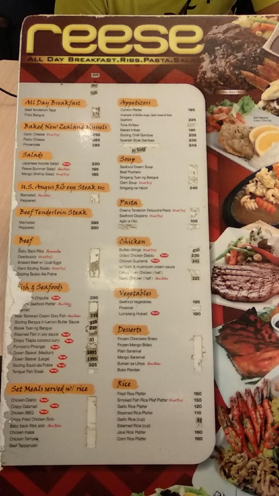 Menu at Reese Resto restaurant, Cotabato City