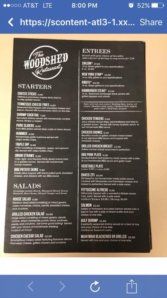 Menu at The Woodshed Restaurant, Newport, Cosby Hwy
