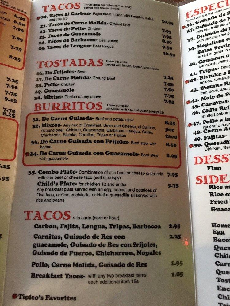 Menu at Tipico's restaurant, Dallas