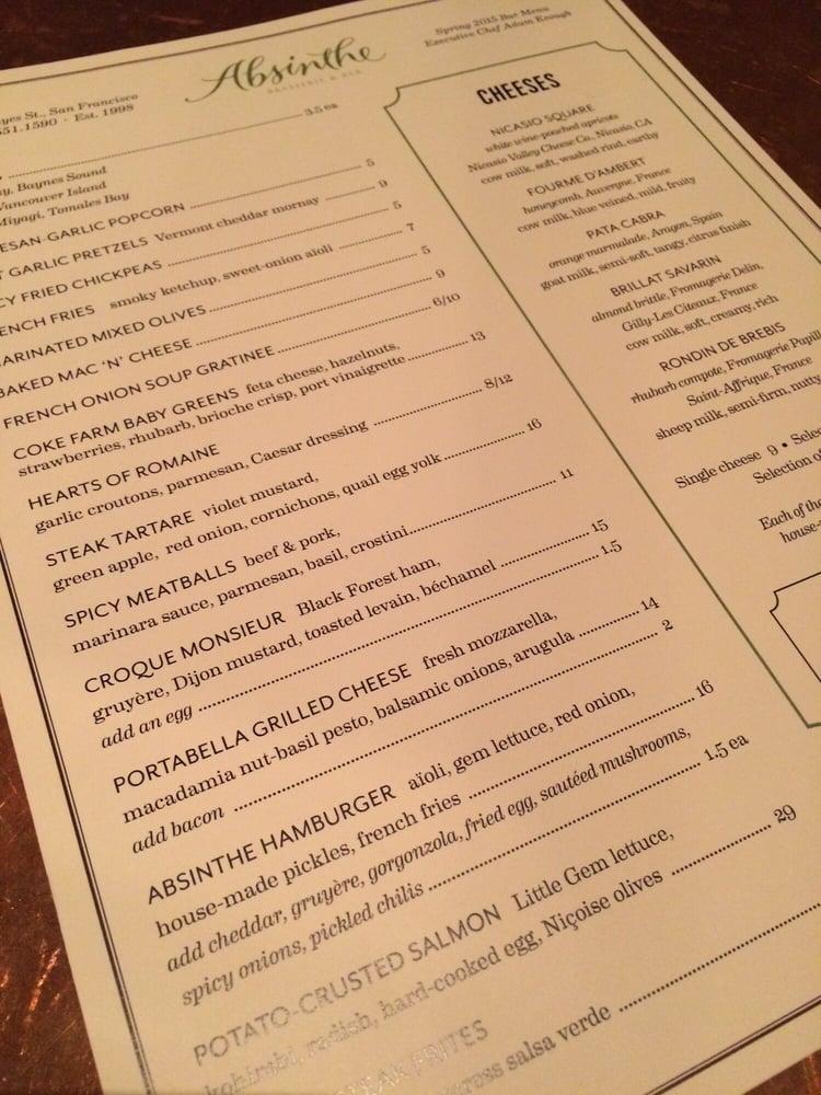 Menu at Absinthe Brasserie & Bar, San Francisco, 398 Hayes St